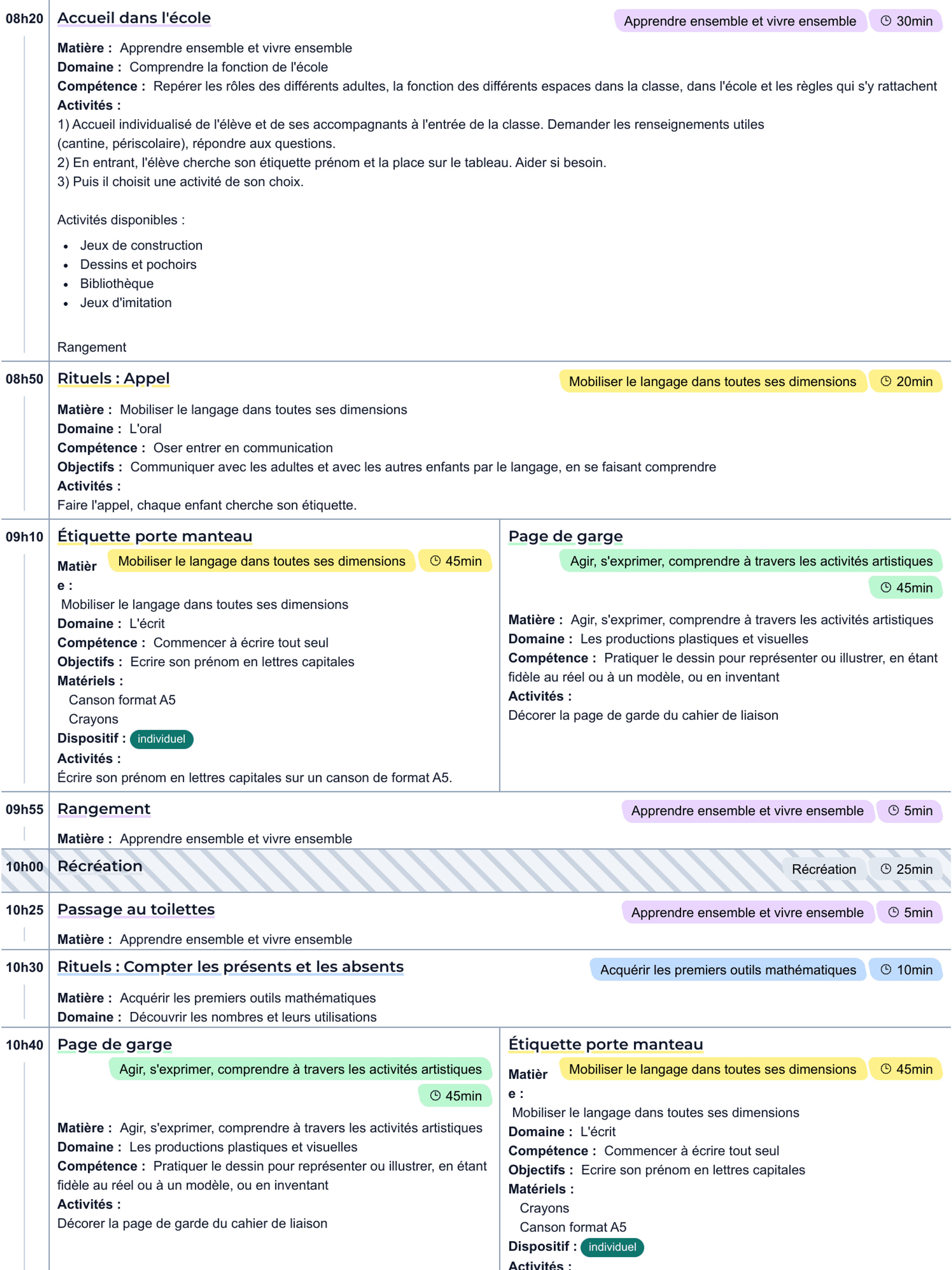 Exemple de cahier journal d'une classe de GS