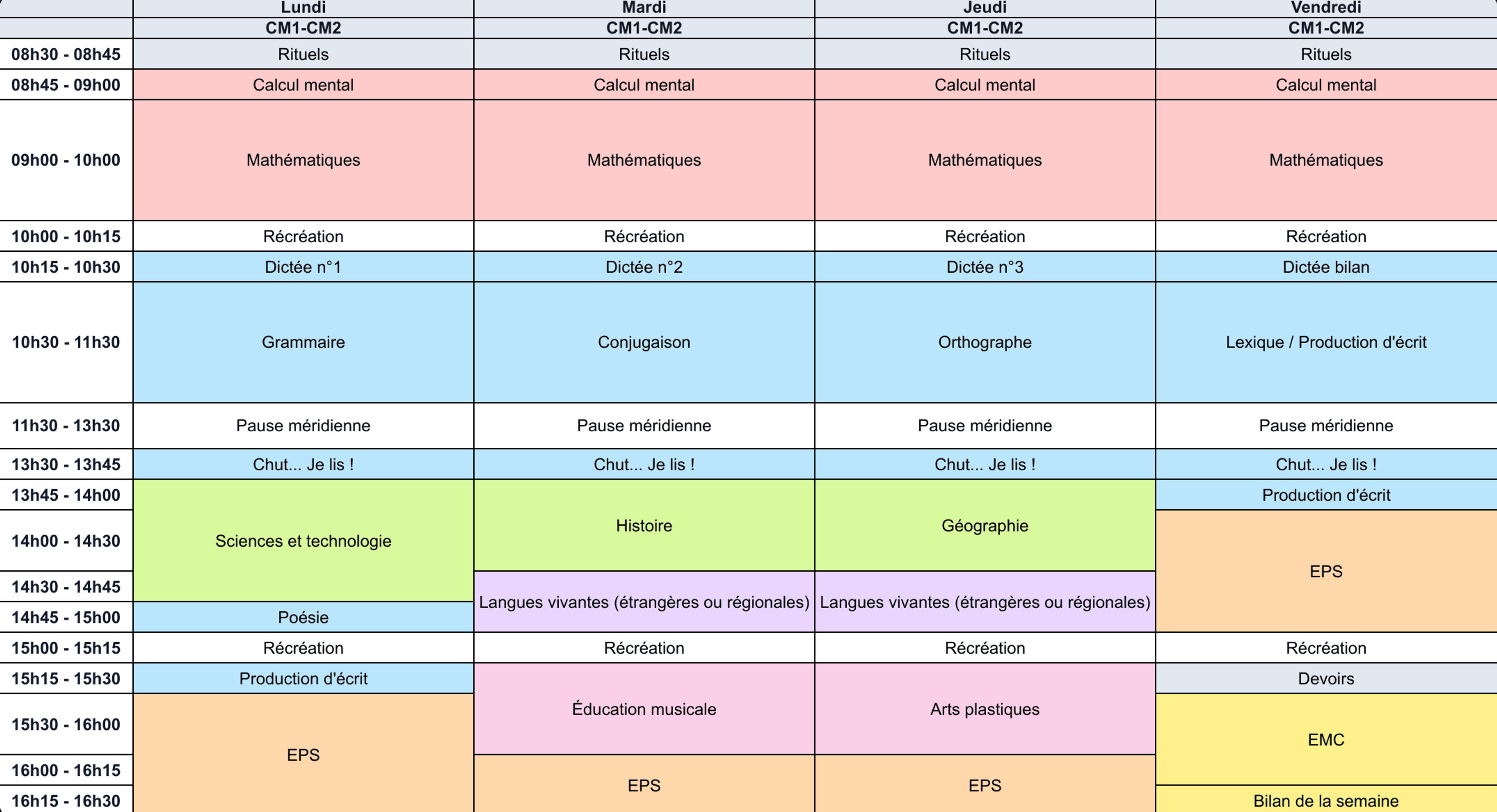 Emploi du temps CM1 CM2 sur 4 jours - Cycle 3 - Teetsh