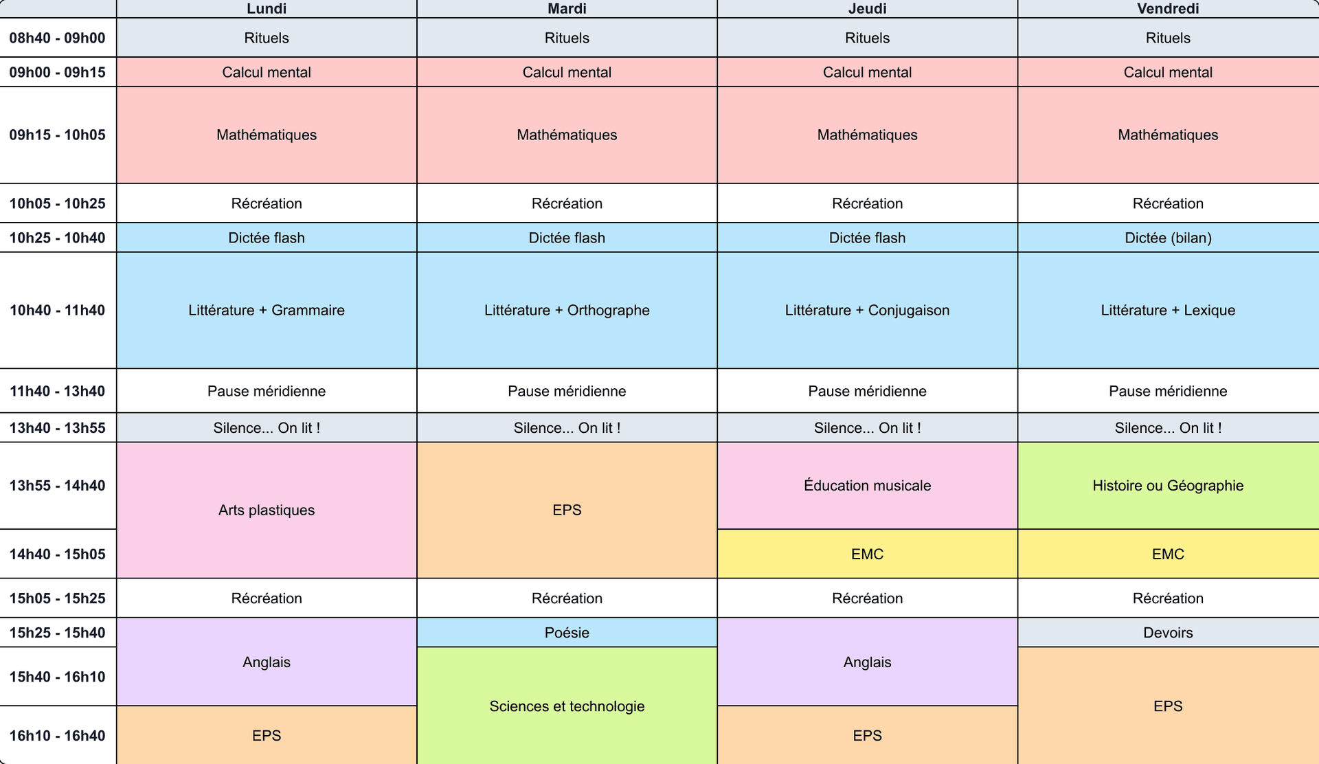 Emploi du temps CM2 sur 4 jours - Cycle 3 - Teetsh
