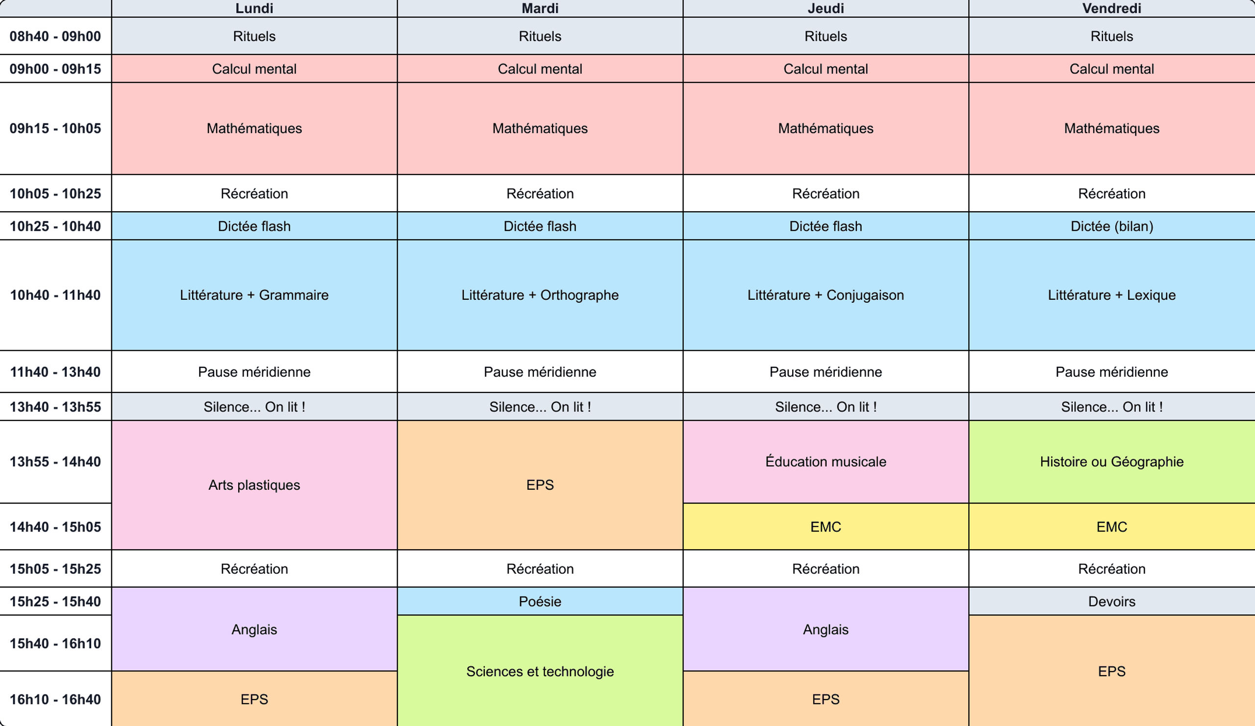 Emploi du temps CM2 sur 4 jours - Cycle 3 - Teetsh