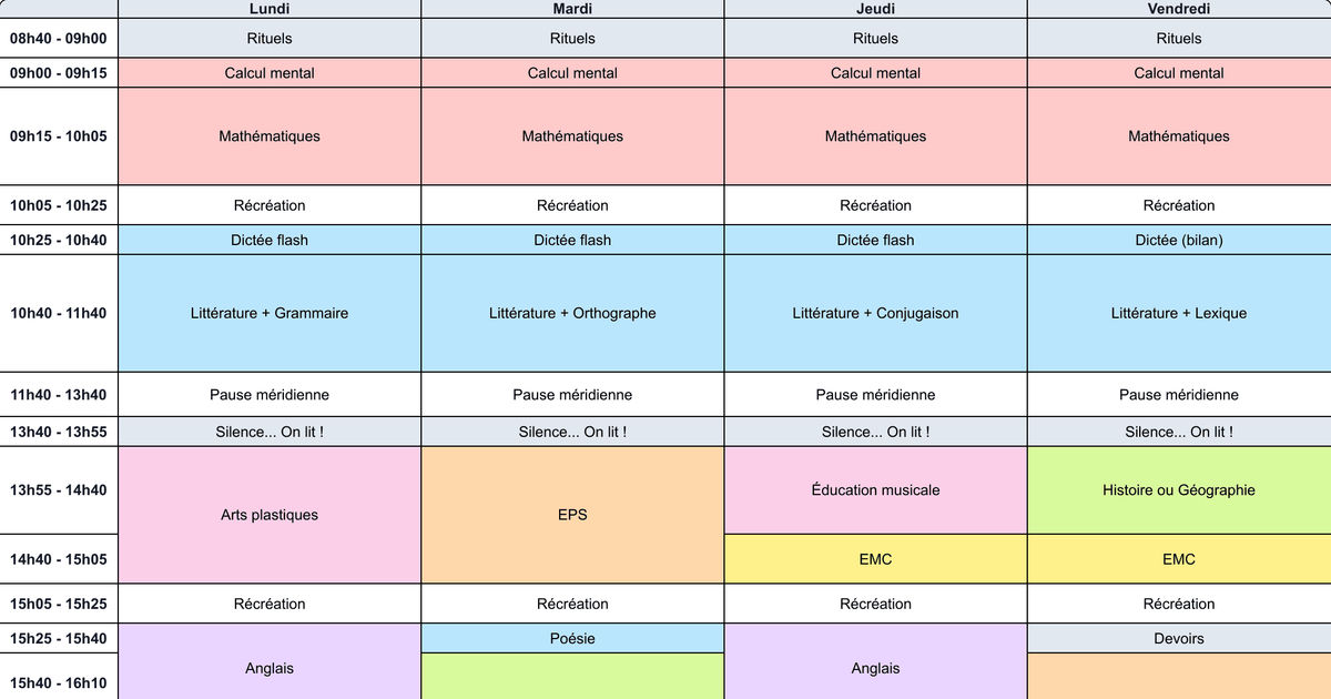 Emploi du temps CM2 sur 4 jours - Cycle 3 - Teetsh