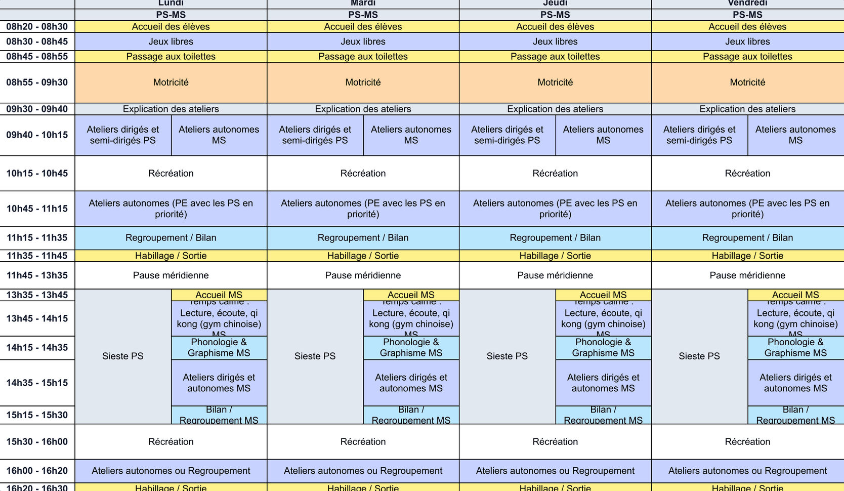 Exemples emploi du temps PS/MS - Cycle 1 - Teetsh