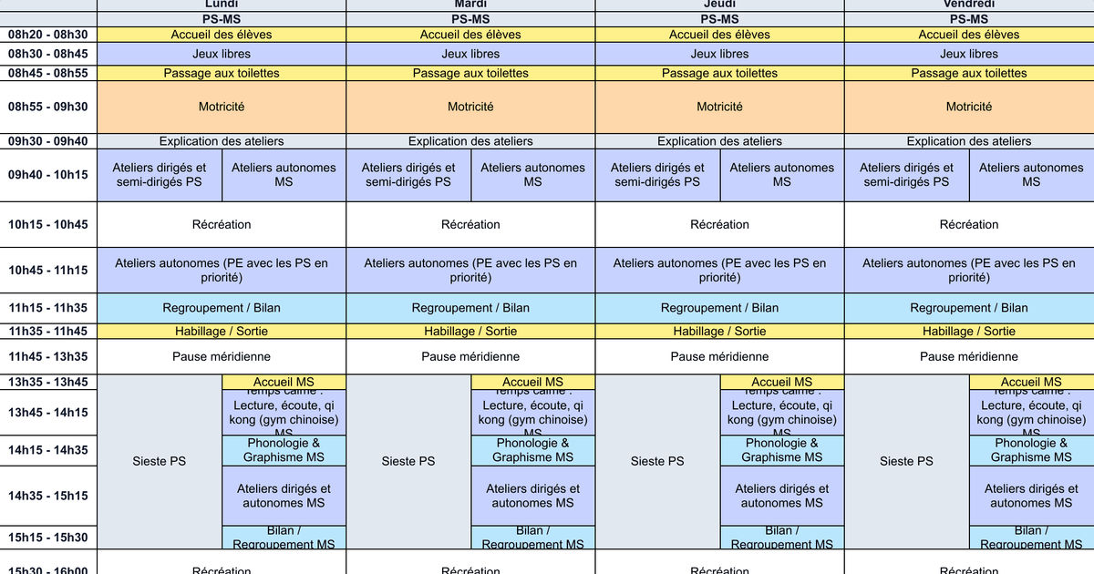 Exemples emploi du temps PS/MS - Cycle 1 - Teetsh