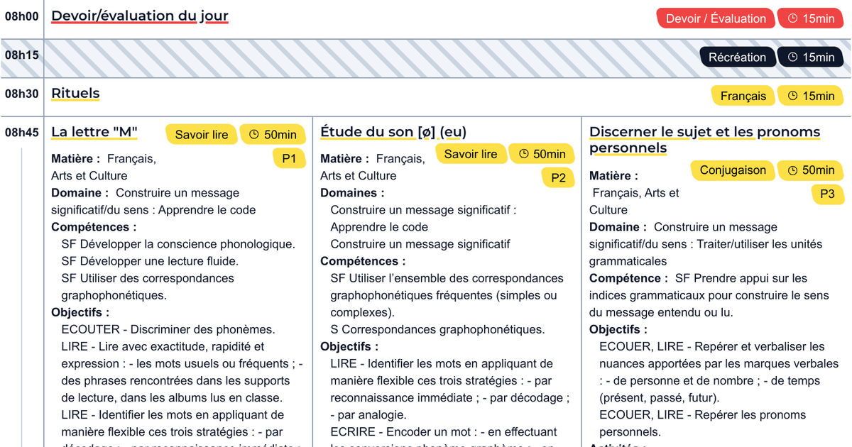 Exemple d'un journal de classe triple niveau P1-P2-P3