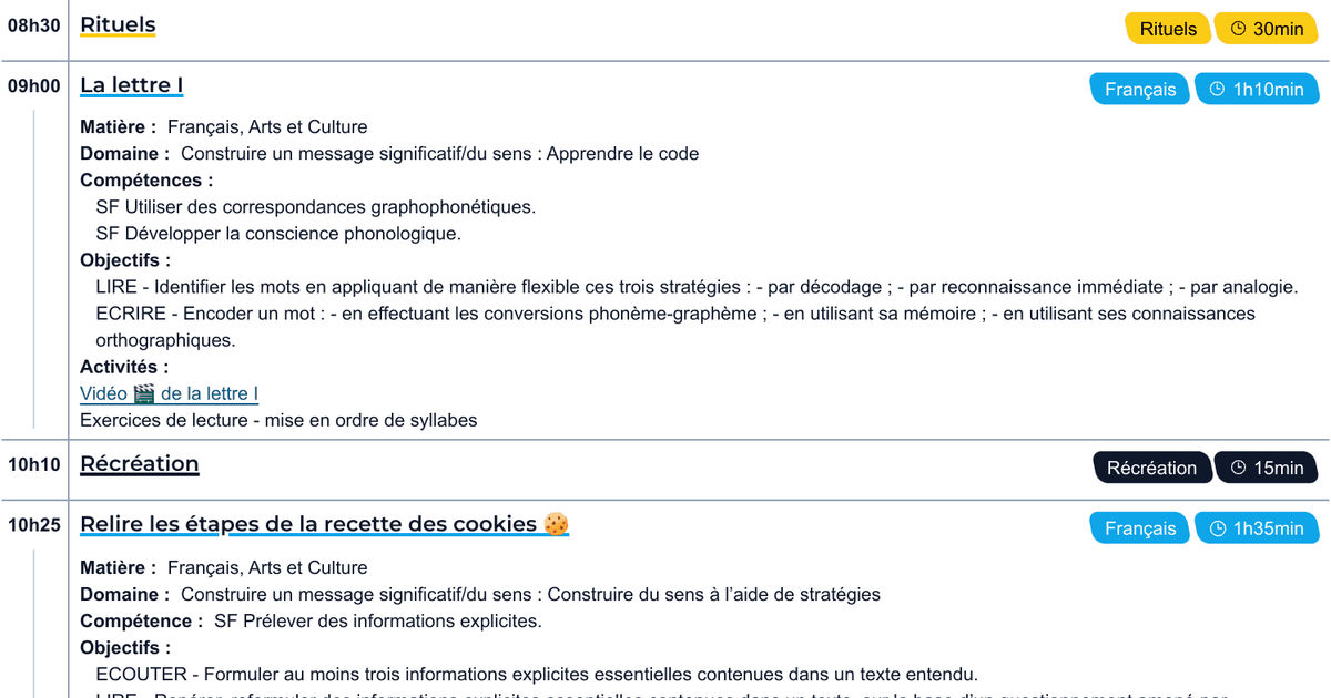 Exemple d'un journal de classe simple niveau P1