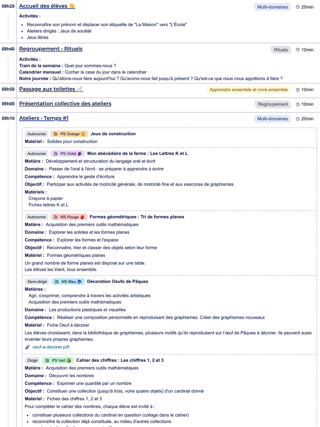 Exemple de cahier journal d'une classe de PS-MS