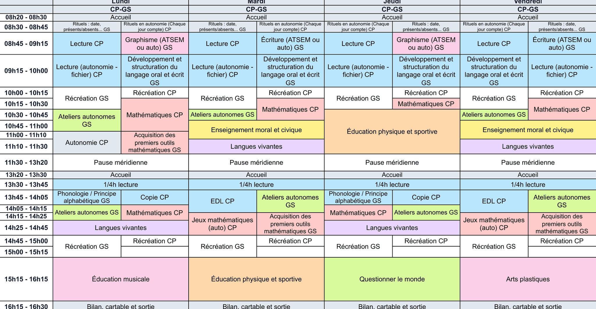 Emploi du temps GS-CP - Cycle 1 - Cycle 2 - Teetsh