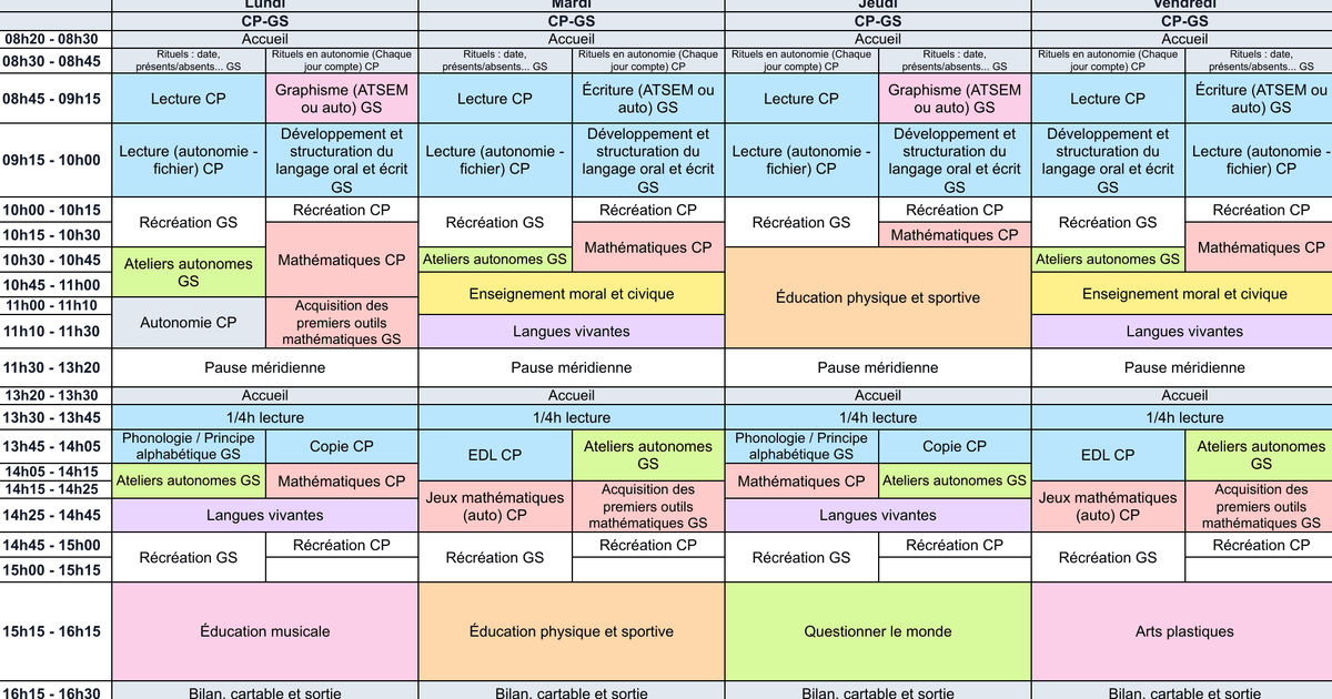 Emploi du temps GS-CP - Cycle 1 - Cycle 2 - Teetsh