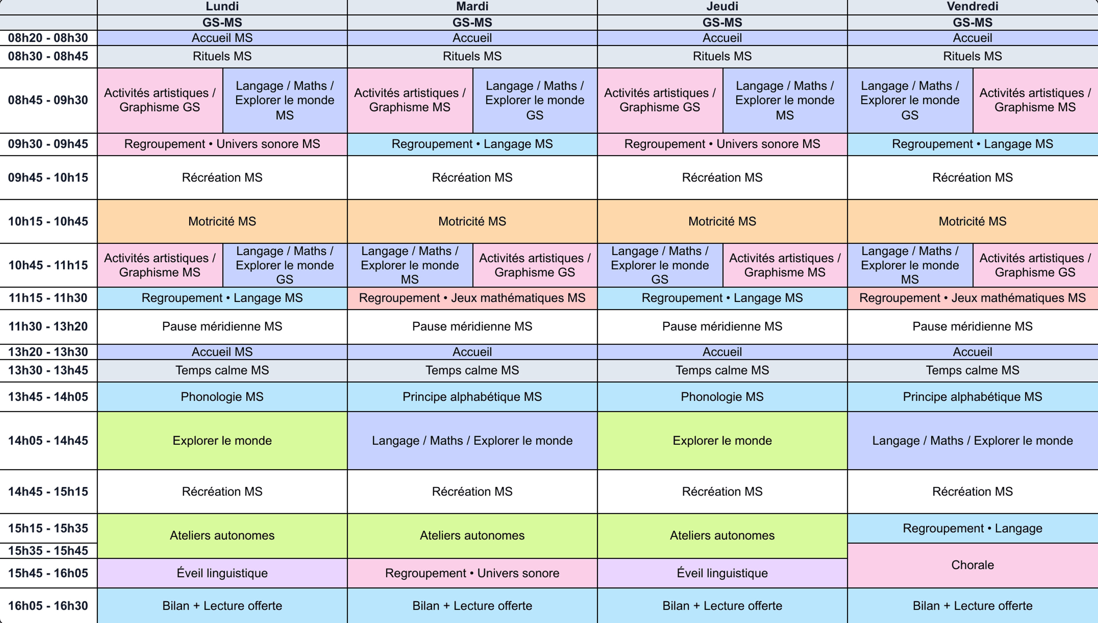Emploi du temps MS-GS - Cycle 1 - Teetsh