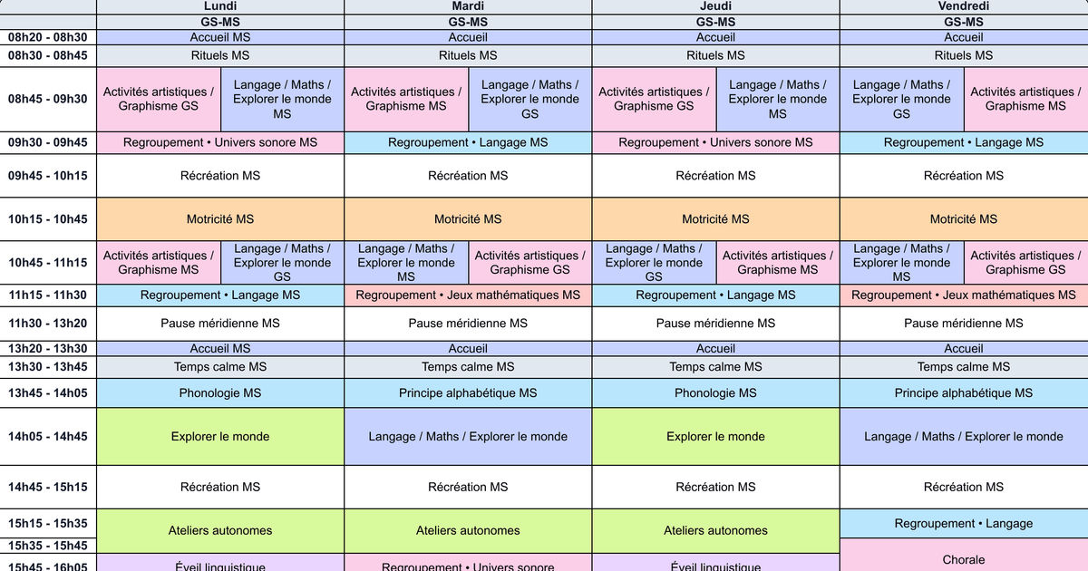 Emploi du temps MS-GS - Cycle 1 - Teetsh